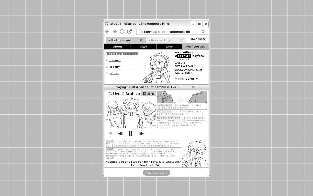 Sophia's (@ImBasicallyShakespeare) Carrd!!!